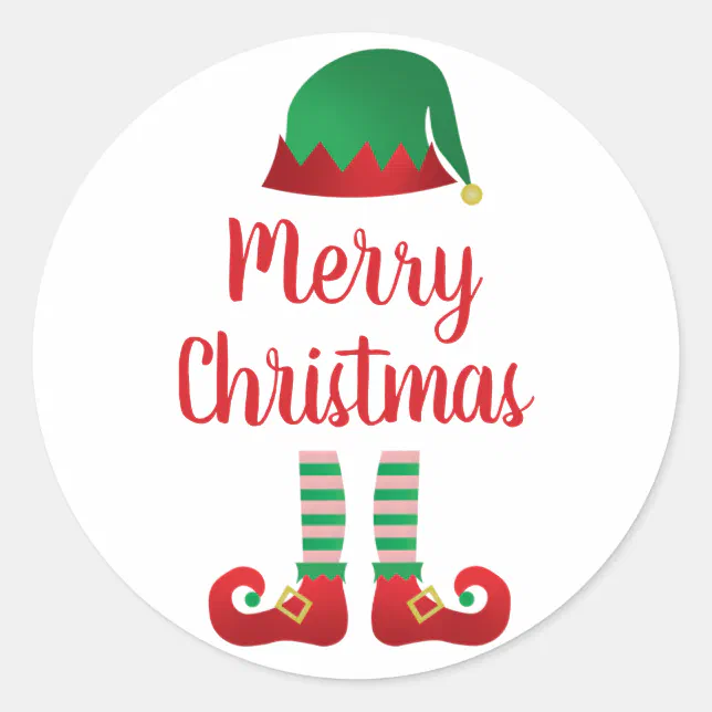 Merry Christmas Elf Outfit Red Green Classic Round Sticker | Zazzle