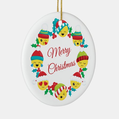 Merry Christmas Emoji Wreath Ceramic Ornament | Zazzle