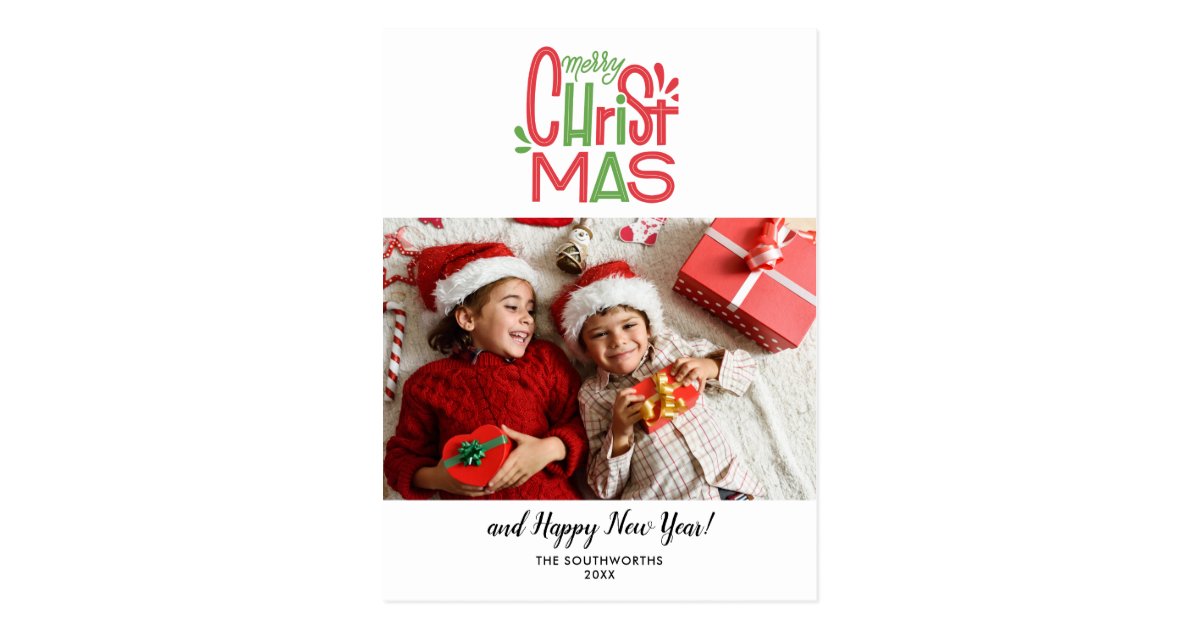 Merry Christmas Family Photo Festive Typography Postcard | Zazzle.com
