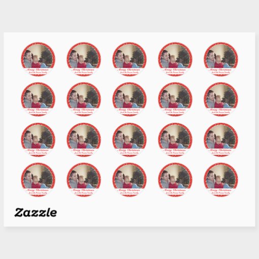 Merry Christmas Family Photo Red Circle Stickers | Zazzle