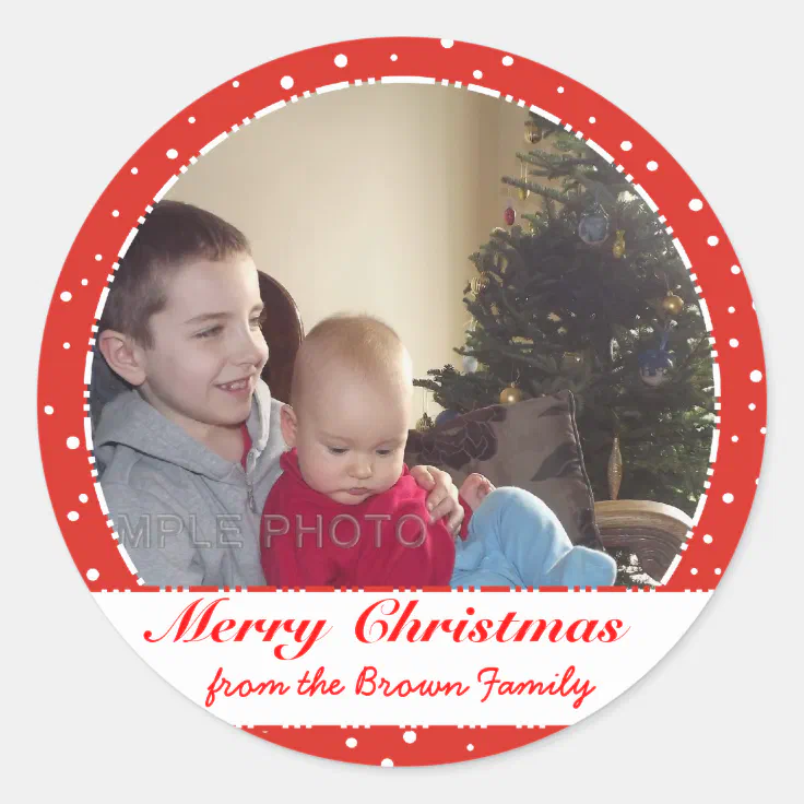 Merry Christmas Family Photo Red Circle Stickers | Zazzle