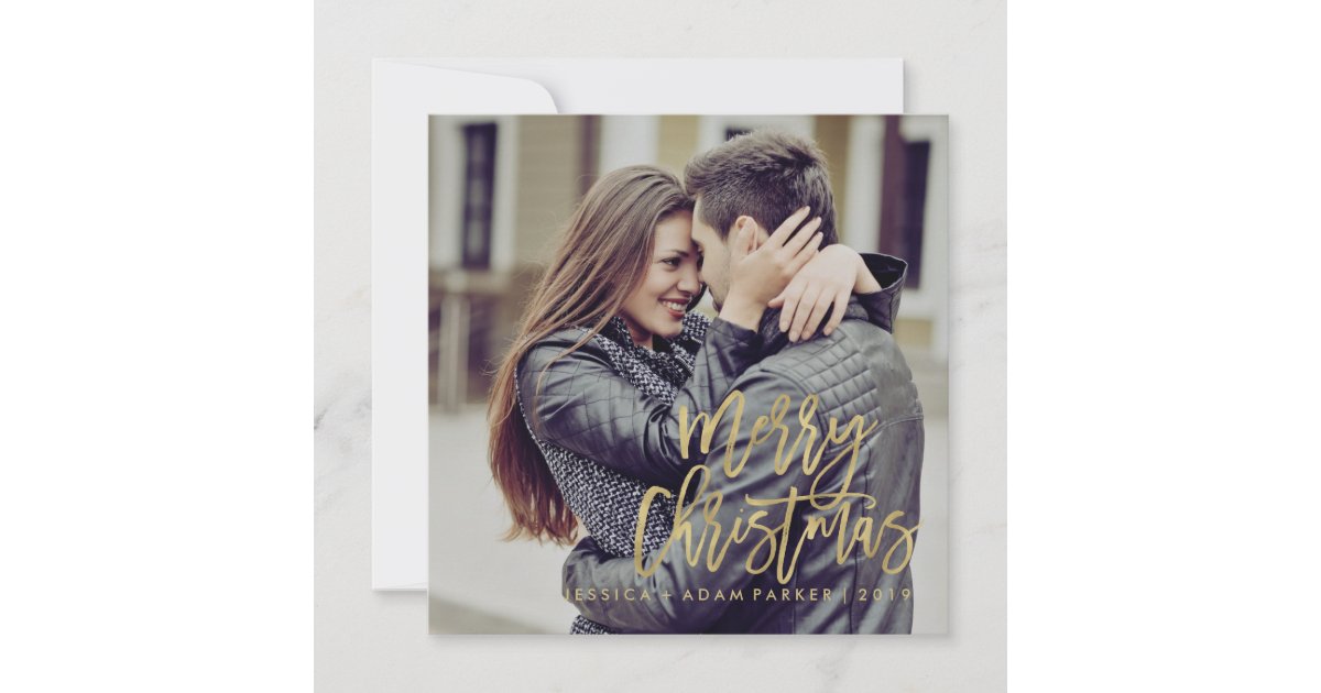 Merry Christmas | Faux Gold Typography with Photo Holiday Card | Zazzle