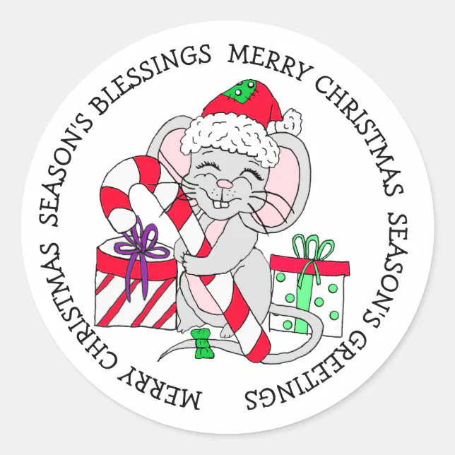Merry Christmas Festive Mouse with Presents Classic Round Sticker | Zazzle
