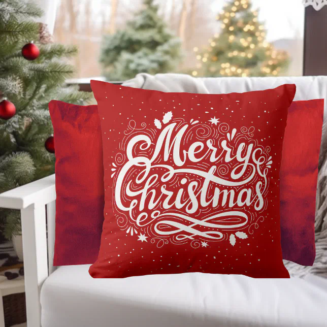 Merry Christmas Festive Red and White Holiday Throw Pillow | Zazzle