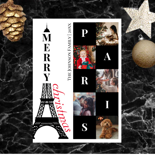 Merry Christmas Five Photo Eiffel Tower Paris Holiday Card | Zazzle