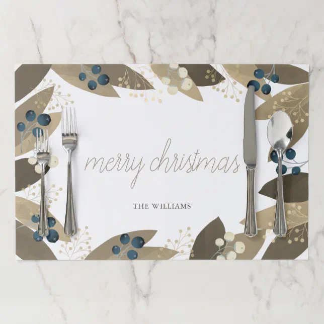 Merry Christmas Foliage & Berry Bronze Gold Paper Placemat | Zazzle