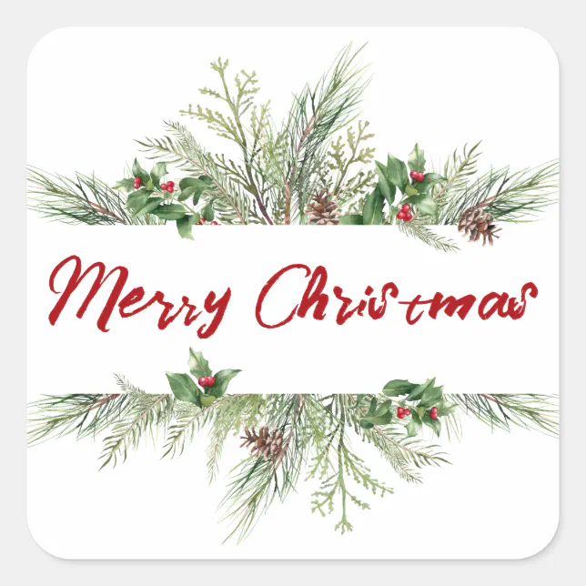 Merry Christmas Framed Winter Wheath Greeting Square Sticker | Zazzle