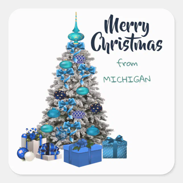 Merry Christmas From Michigan Decorated Tree Square Sticker | Zazzle