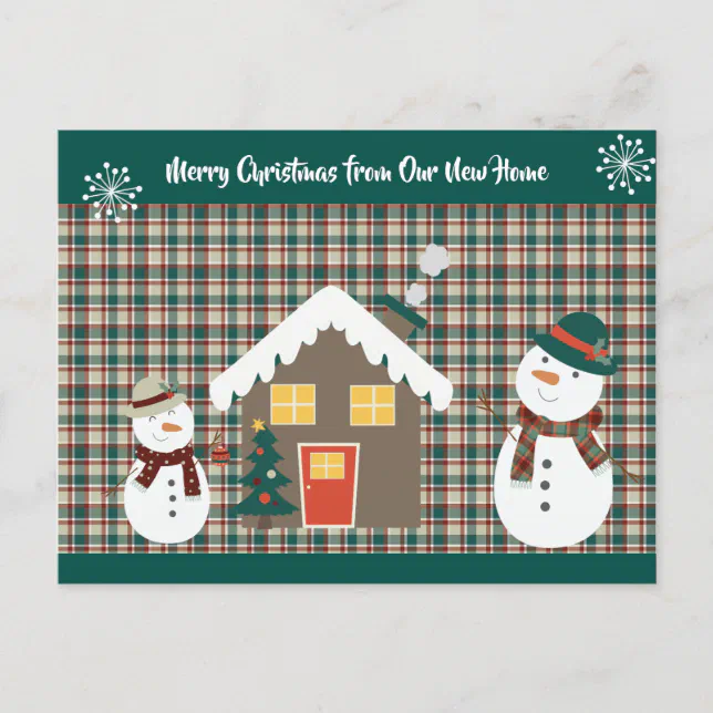 Merry Christmas from New Home Plaid Snowmen Announcement Postcard | Zazzle