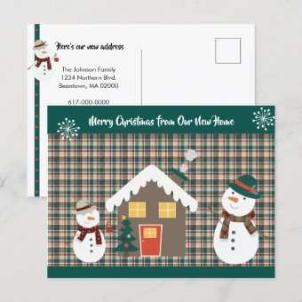 Merry Christmas from New Home Plaid Snowmen Announcement Postcard | Zazzle