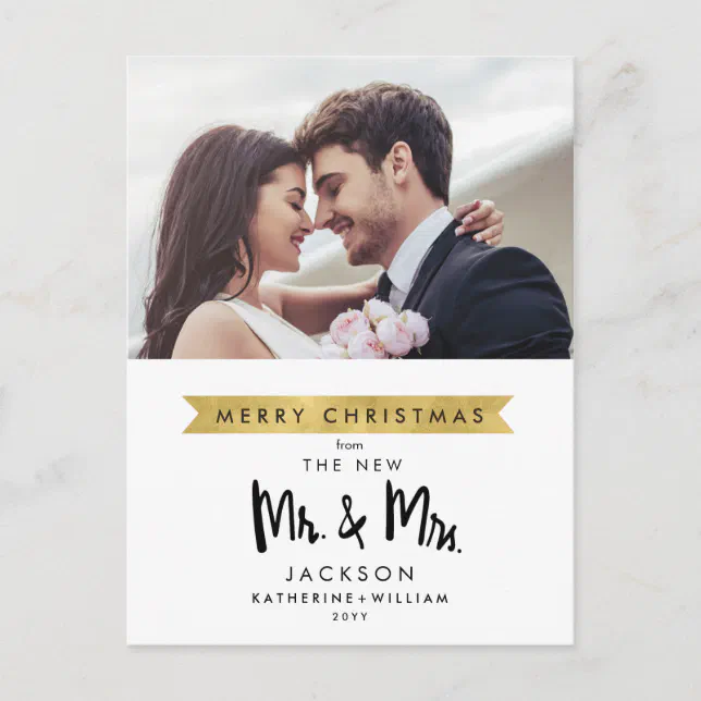 Merry Christmas From The New Mr. & Mrs. One Photo Holiday Postcard | Zazzle