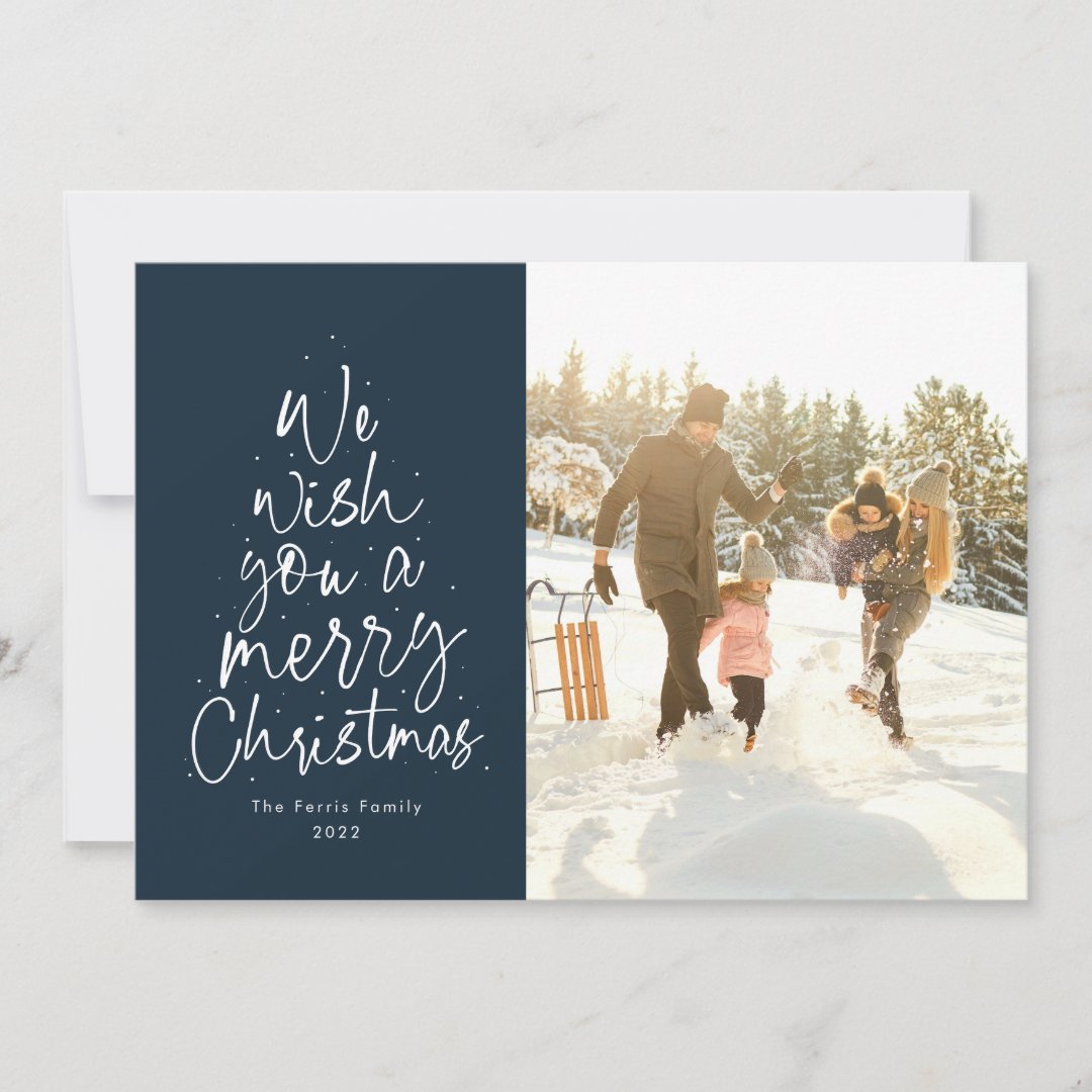 Merry Christmas fun navy blue family photo Holiday Card | Zazzle