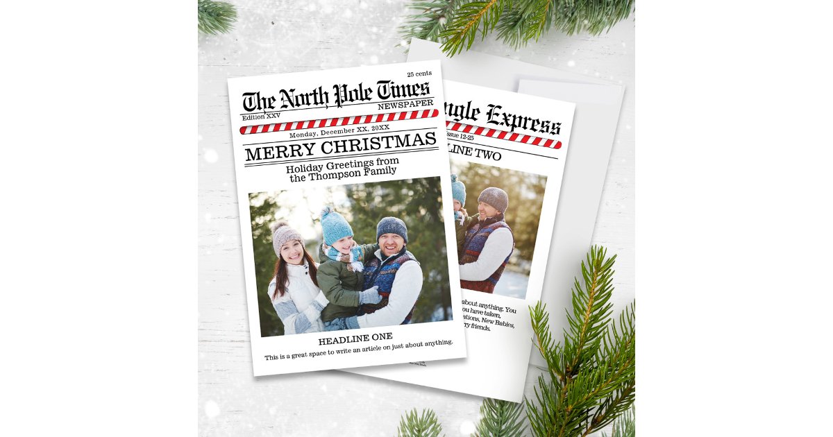 Merry Christmas Fun North Pole Two Photo News Holiday Card | Zazzle