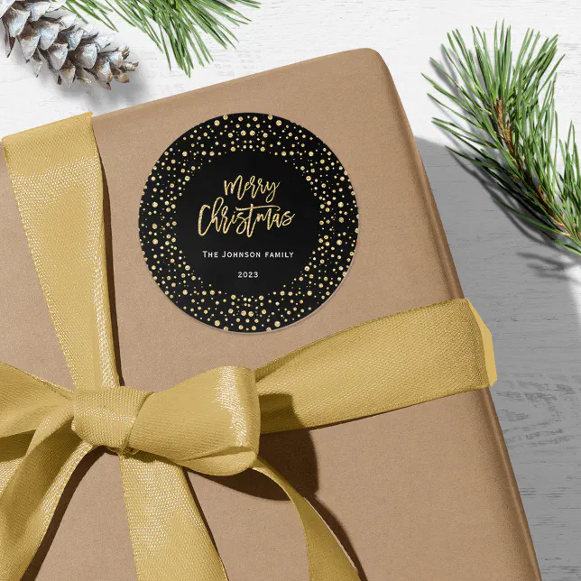 Merry Christmas Gold Black Glitter Dots Photo Classic Round Sticker ...