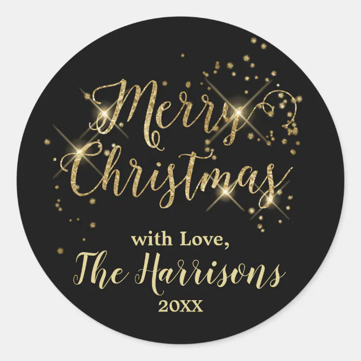 Merry Christmas Gold Black Sparkles Classic Round Sticker | Zazzle