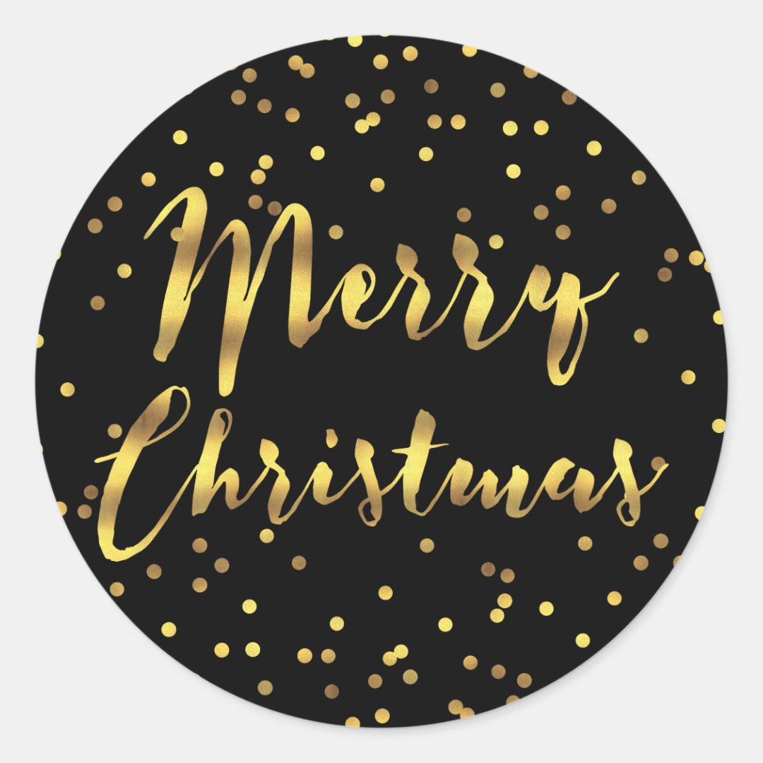 Merry Christmas Gold Foil Confetti Black Classic Round Sticker | Zazzle