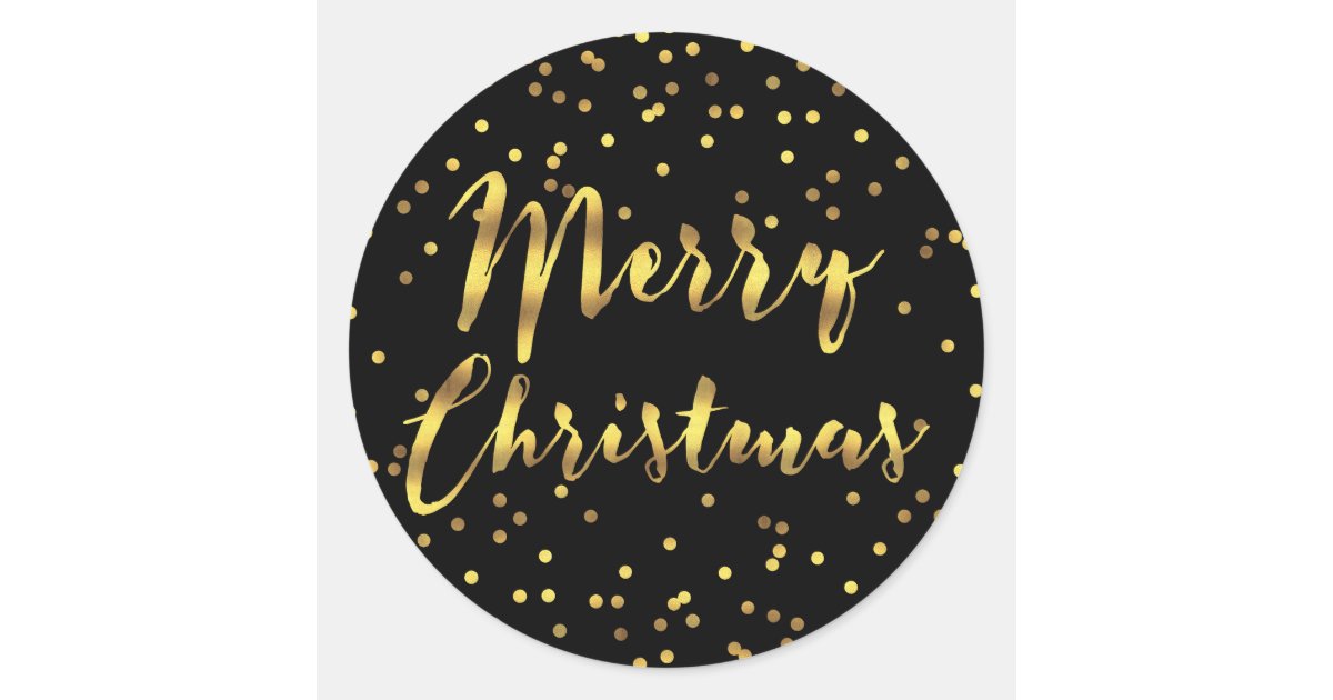 Merry Christmas Gold Foil Confetti Black Classic Round Sticker | Zazzle
