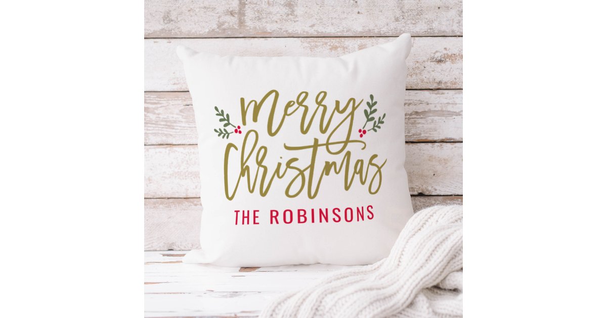 Merry Christmas Gold Modern Custom Family Throw Pillow | Zazzle