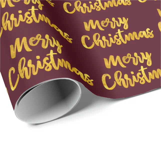 Merry Christmas Gold Script Burgundy Maroon Wrapping Paper | Zazzle