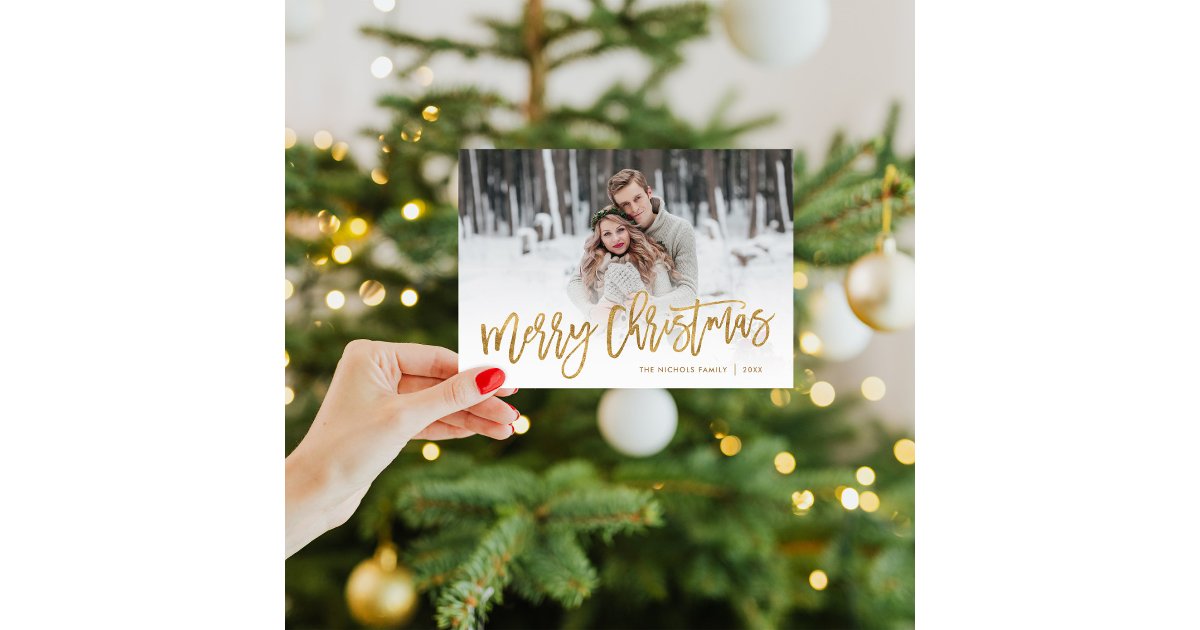 Merry Christmas Gold Script Photo Overlay Holiday Card | Zazzle