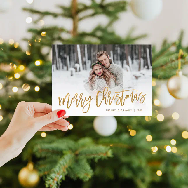 Merry Christmas Gold Script Photo Overlay Holiday Card | Zazzle