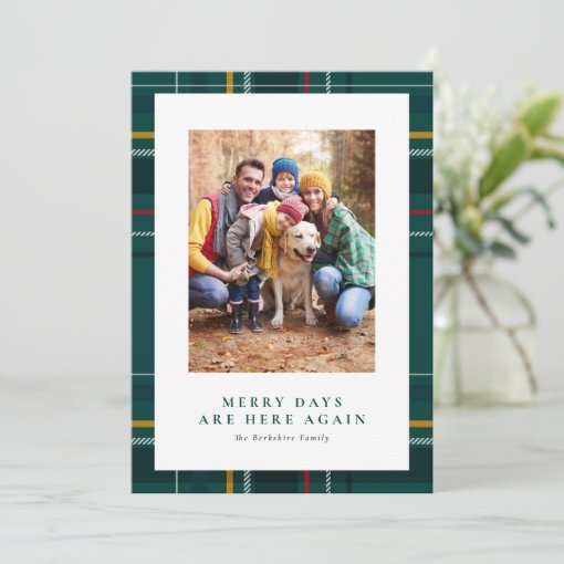 Merry Christmas green plaid one photo Holiday Card | Zazzle