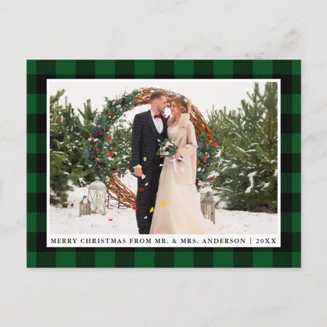 Merry Christmas Green Plaid Wedding Photo Postcard | Zazzle