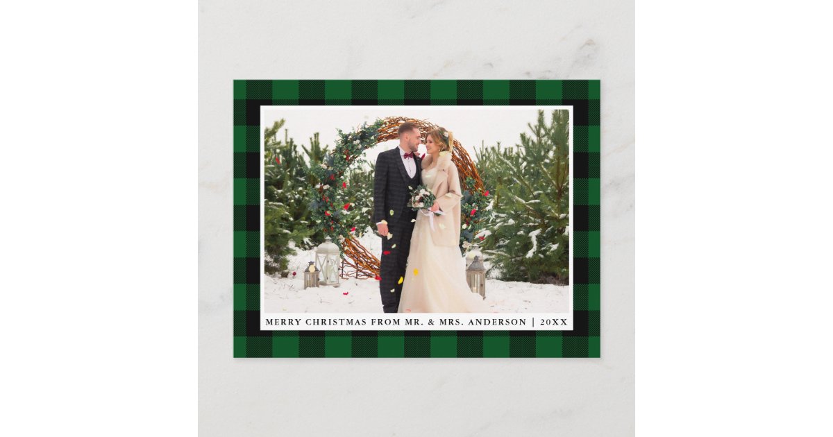 Merry Christmas Green Plaid Wedding Photo Postcard | Zazzle.com