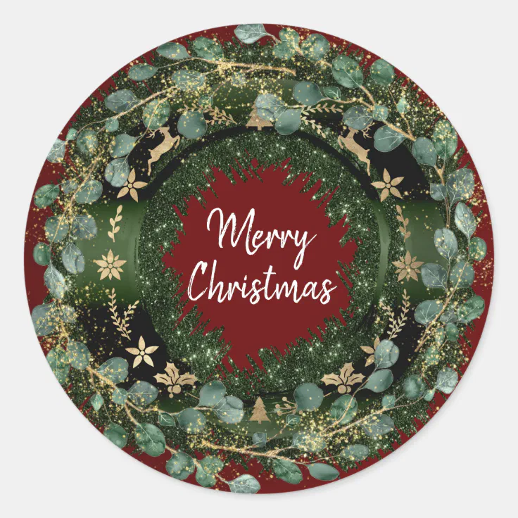 Merry Christmas Green Wreath Winter Gold Burgundy Classic Round Sticker ...