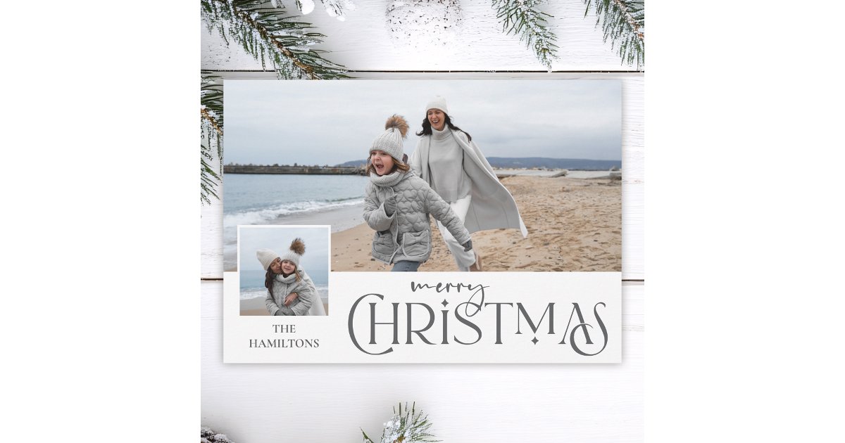 Merry Christmas Greeting with Photo Insert Silver Holiday Card | Zazzle