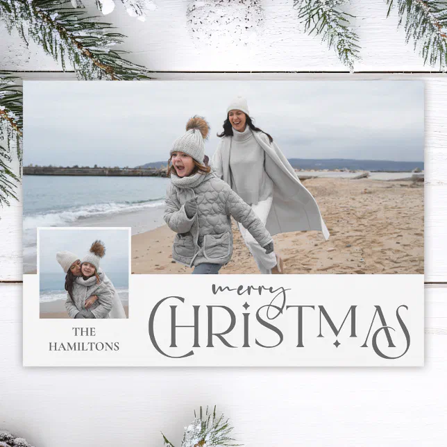 Merry Christmas Greeting with Photo Insert Silver Holiday Card | Zazzle