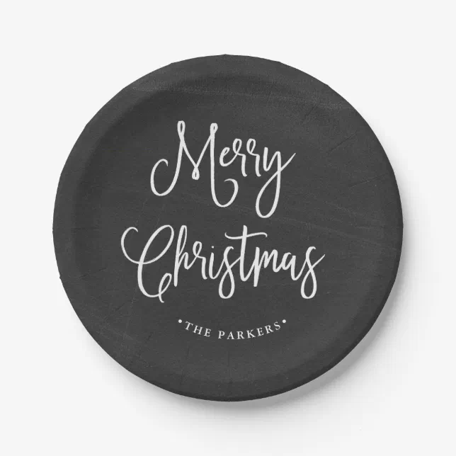 Merry Christmas | Handwritten Script on Chalkboard Paper Plates | Zazzle