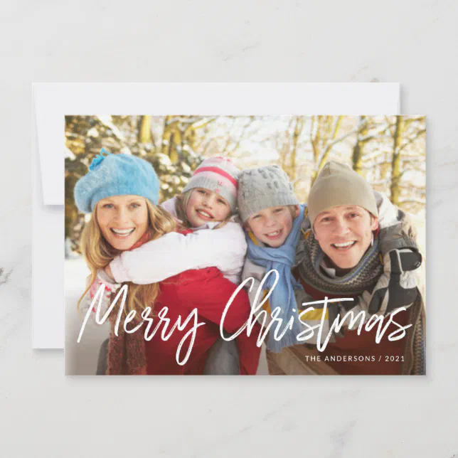 Merry Christmas Handwritten White Script Photo Holiday Card | Zazzle
