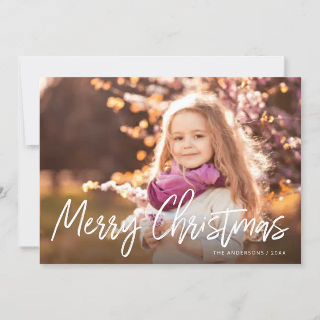 Merry Christmas Handwritten White Script Photo Holiday Card | Zazzle