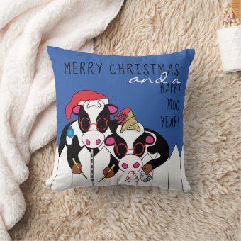 Merry Christmas Happy Moo Year Cow Moosicians Throw Pillow | Zazzle
