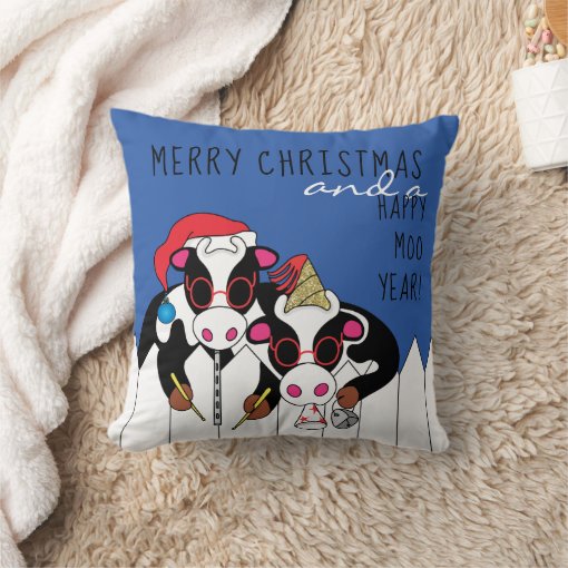 Merry Christmas Happy Moo Year Cow Moosicians Throw Pillow | Zazzle