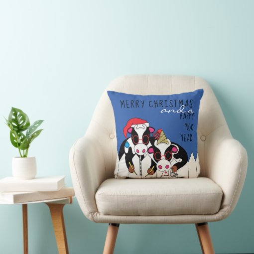 Merry Christmas Happy Moo Year Cow Moosicians Throw Pillow | Zazzle