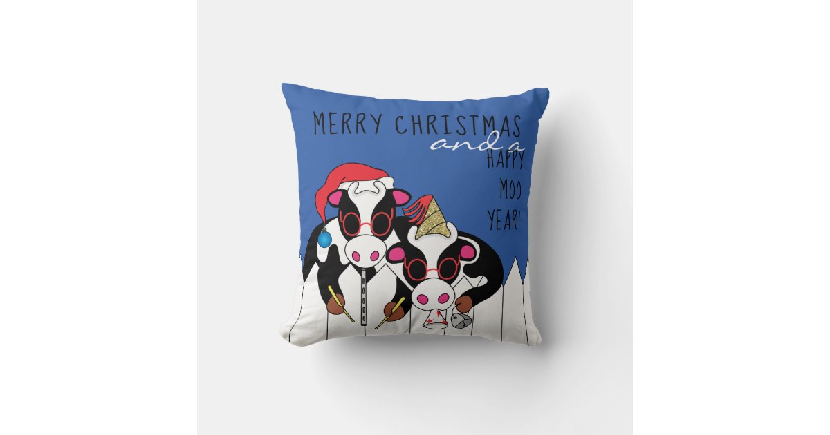 Merry Christmas Happy Moo Year Cow Moosicians Throw Pillow | Zazzle
