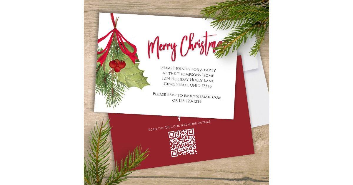 Merry Christmas Holiday Red Calligraphy QR Code Invitation | Zazzle