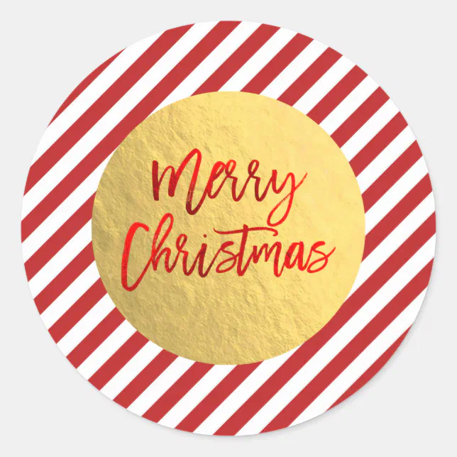Merry Christmas Holiday Red Stripes Gold Foil Classic Round Sticker ...