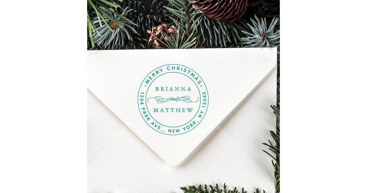 Merry Christmas Holiday Round Return Address Rubber Stamp | Zazzle
