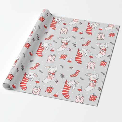 Merry Christmas Holiday Stocking Cats and Rabbits Wrapping Paper | Zazzle