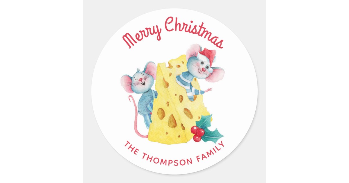 Merry Christmas Holly Cheese Mice Personalized Classic Round Sticker ...