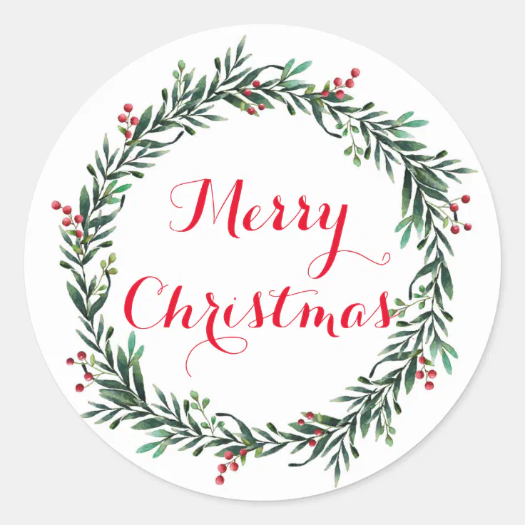 Merry Christmas Holly Wreath Classic Round Sticker | Zazzle