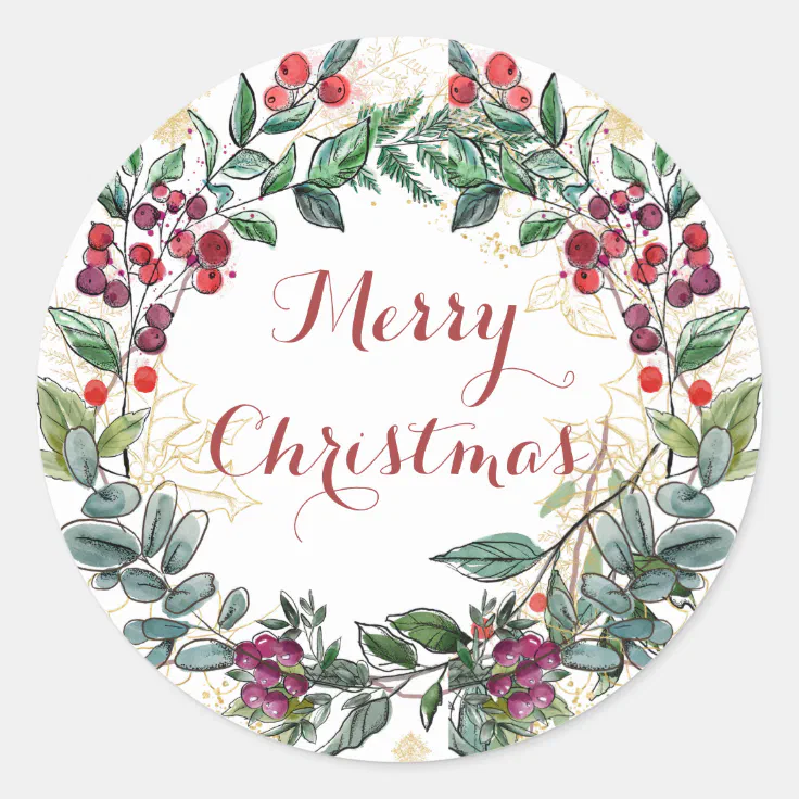 Merry Christmas Holly Wreath Classic Round Sticker | Zazzle