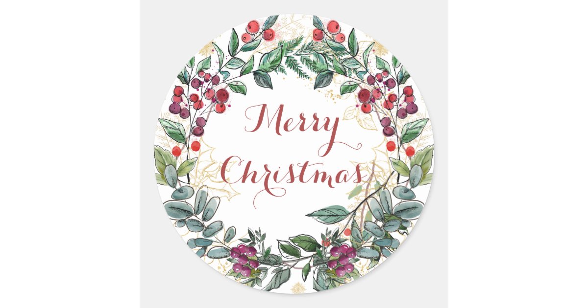 Merry Christmas Holly Wreath Classic Round Sticker | Zazzle