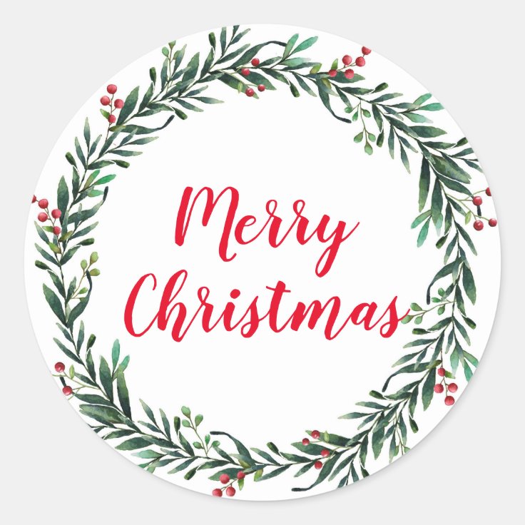 Merry Christmas Holly Wreath Classic Round Sticker | Zazzle