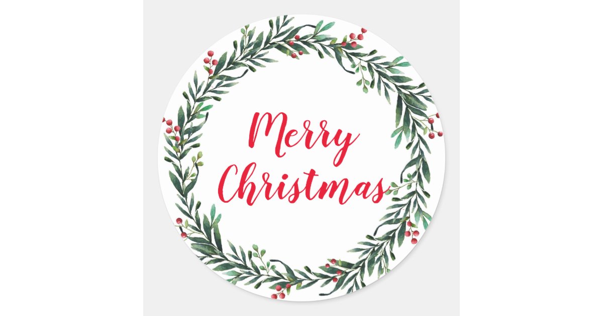 Merry Christmas Holly Wreath Classic Round Sticker | Zazzle