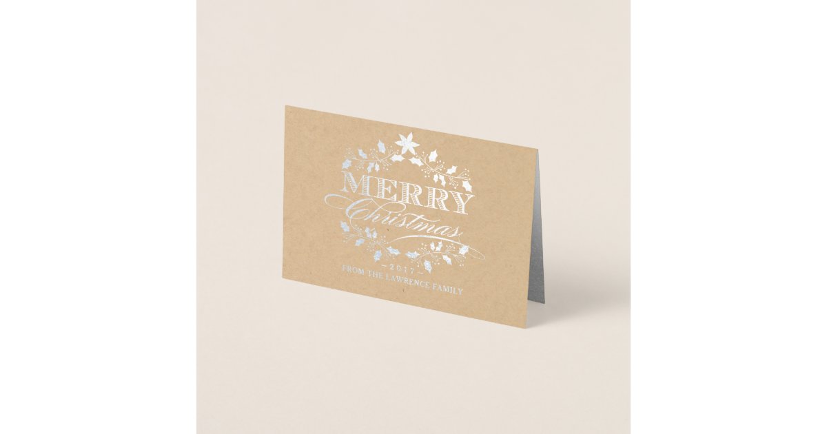 Merry Christmas Holly Wreath Vintage Typography Foil Card | Zazzle