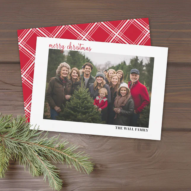 Merry Christmas Horizontal Photo Modern Script Red Holiday Card | Zazzle
